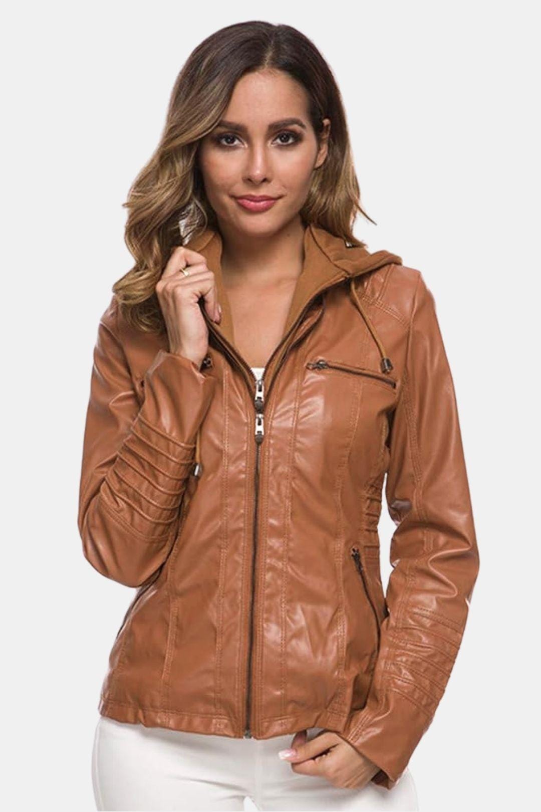 Elira – Weatherproof Leather Jacket with Hood – Modesia